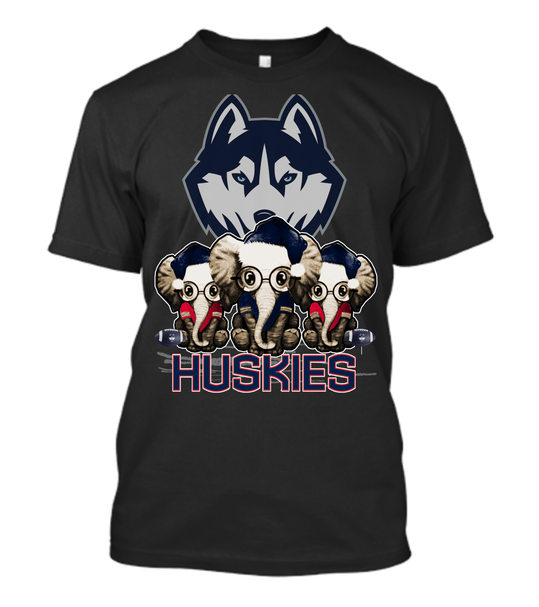 Elephant Xmas Connecticut Huskies Trio With Santa Hats And Glasses T-Shirt