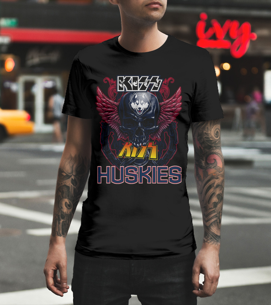 Kiss Huskies Skull With Wings T-Shirt