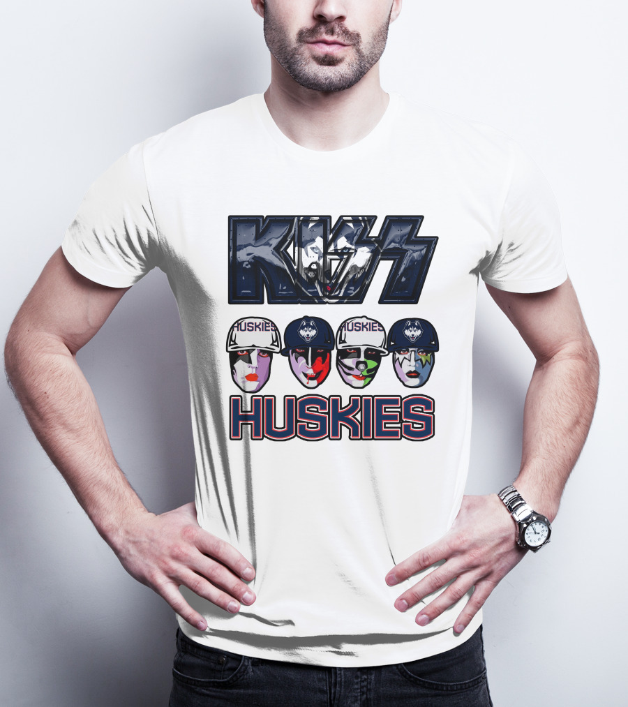 Kiss Band Style Logo With Connecticut Huskies Faces And Hats T-Shirt