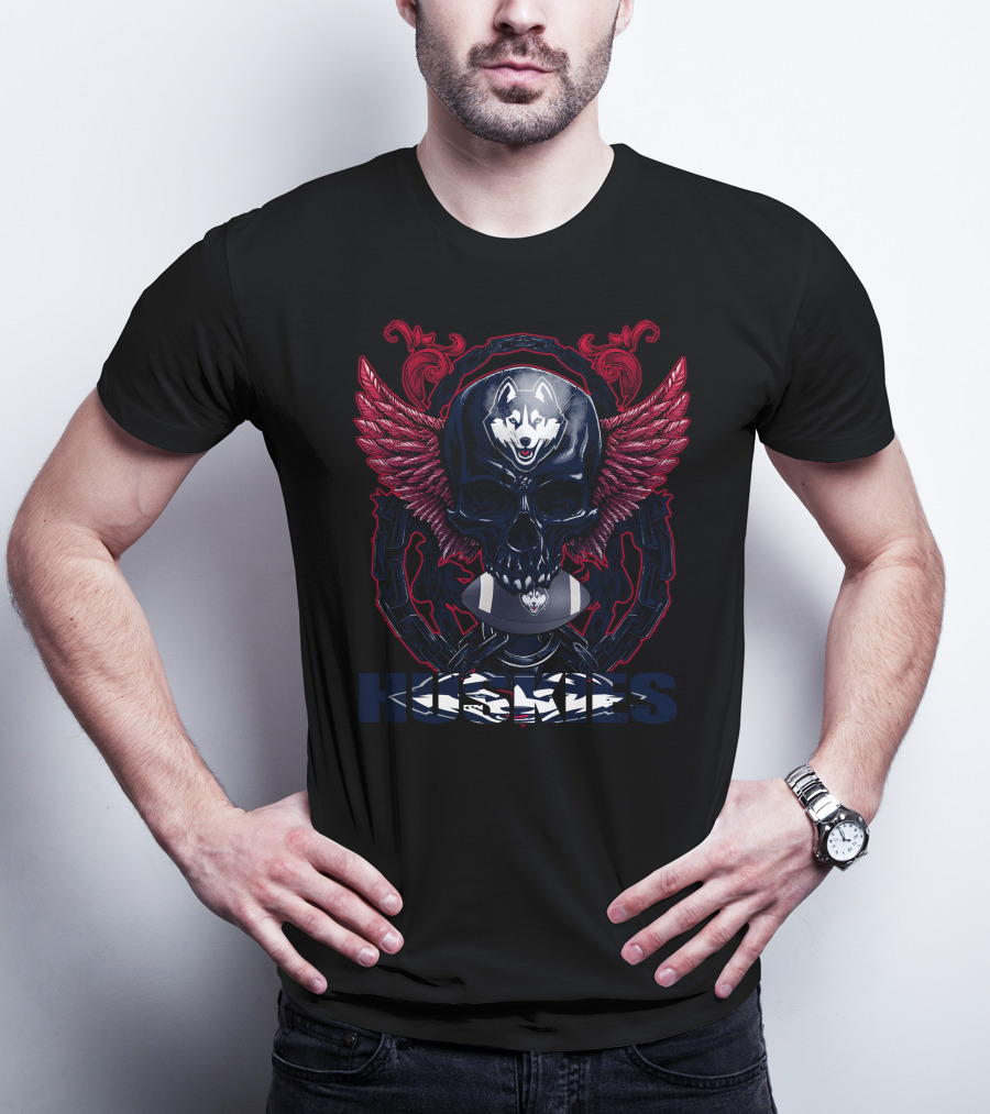 Huskies Skullfb Connecticut Winged Skull With Husky T-Shirt