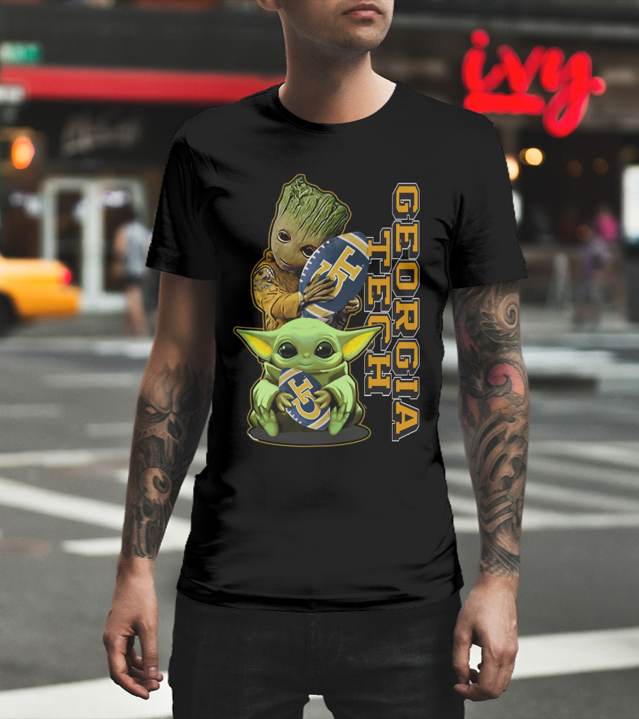 Grzd Georgia Tech Yellow Jackets Groot And Baby Yoda Football T-Shirt