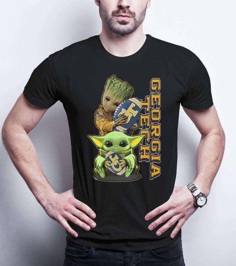 Grzd Georgia Tech Yellow Jackets Groot And Baby Yoda Football T-Shirt