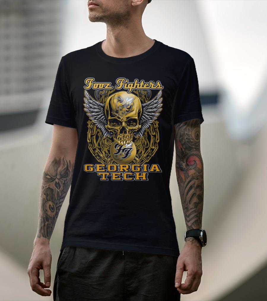 Foo Fighters Georgia Tech Yellow Jackets Skull Wings Chain T-Shirt