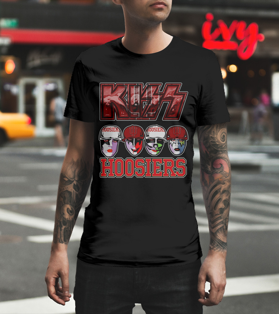 Kiss Indiana Hoosiers Face Paint Band Member Heads With IU Hats T-Shirt