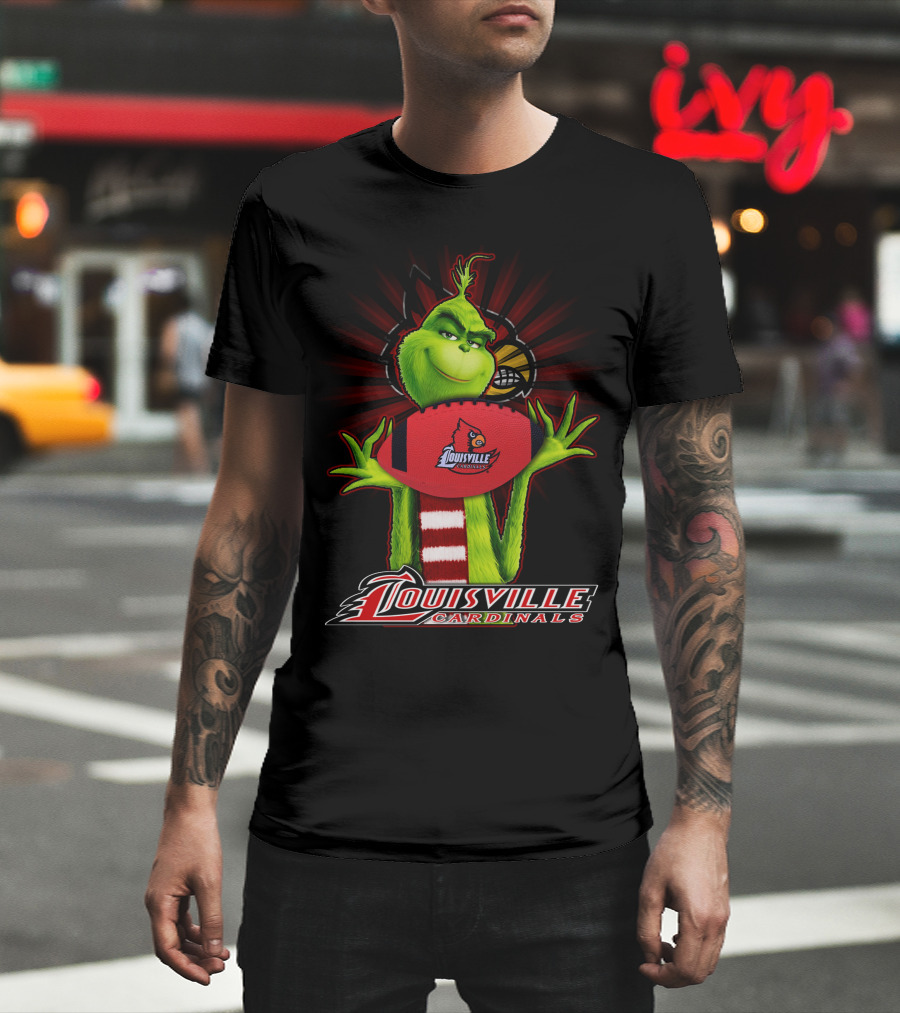 Grinch Holding Louisville Cardinals Football T-Shirt