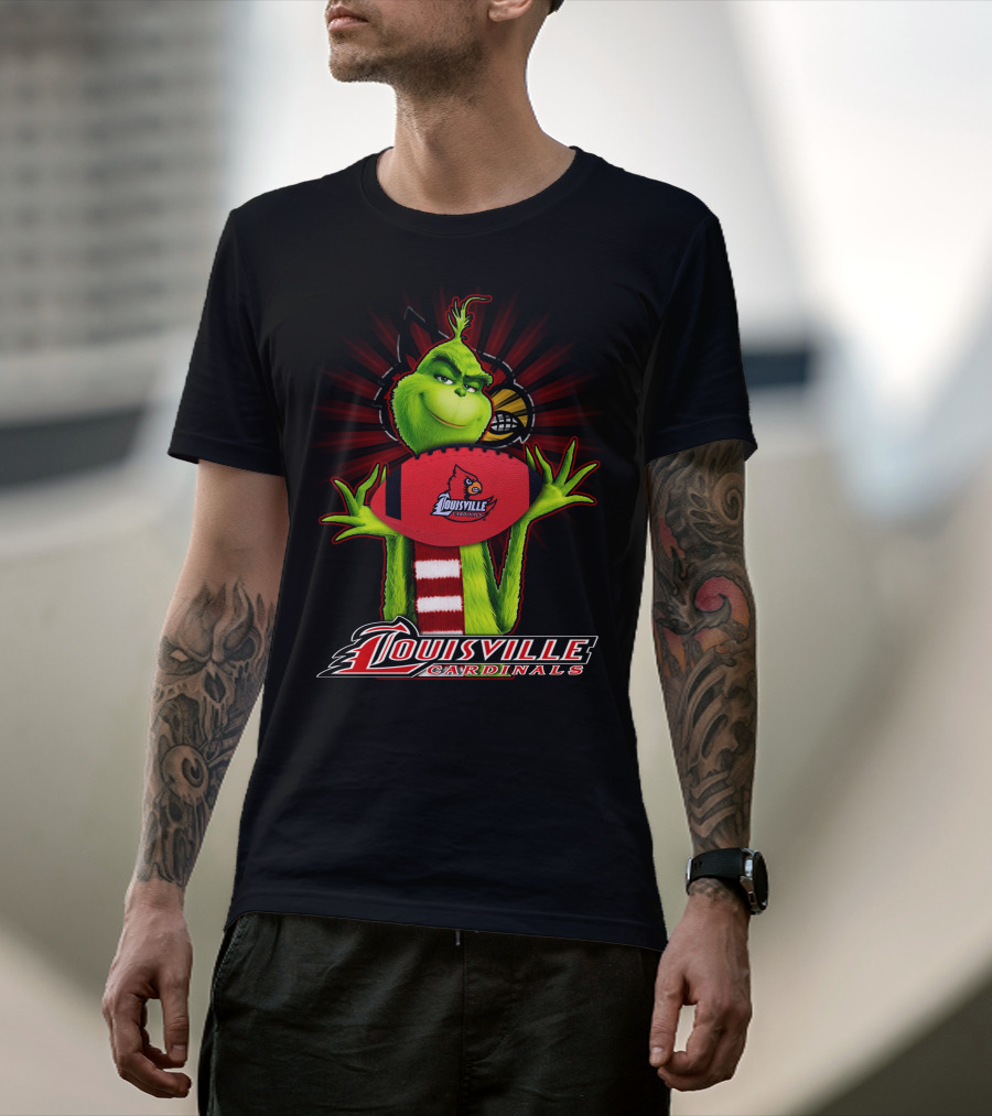 Grinch Holding Louisville Cardinals Football T-Shirt