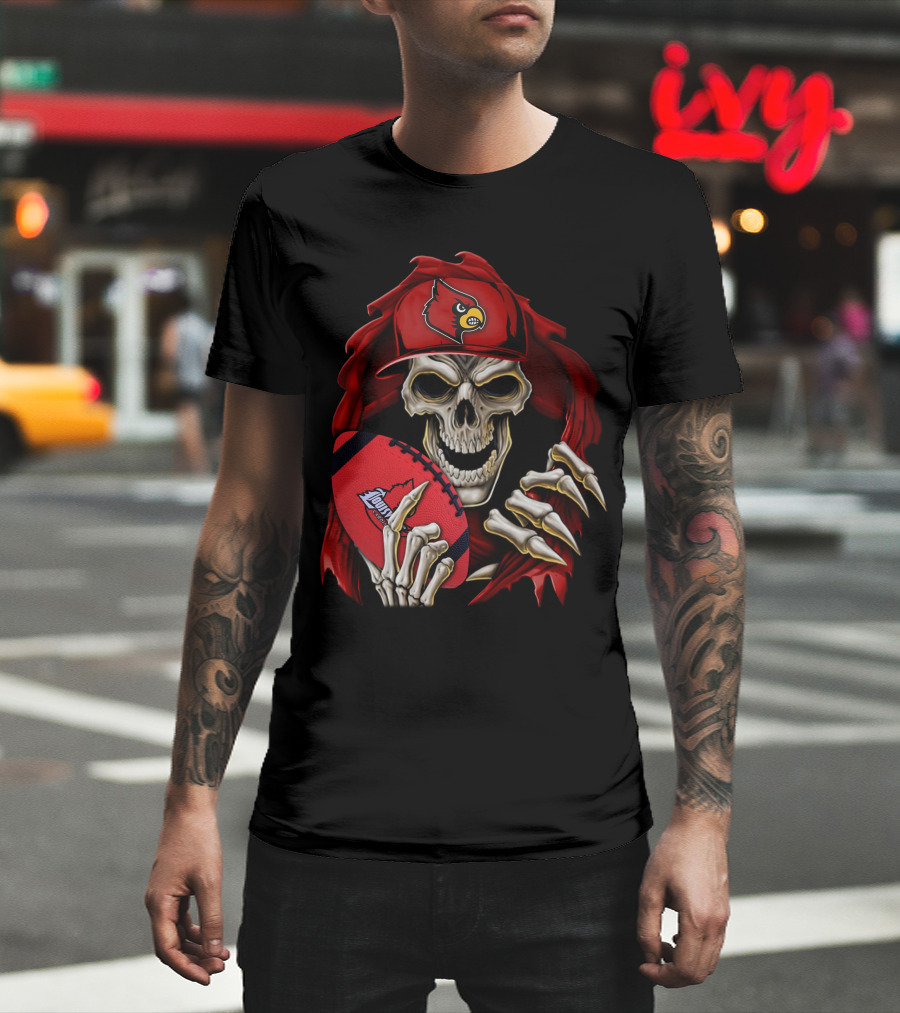 Skullbong Louisville Cardinals Skeleton With Football And Cap T-Shirt