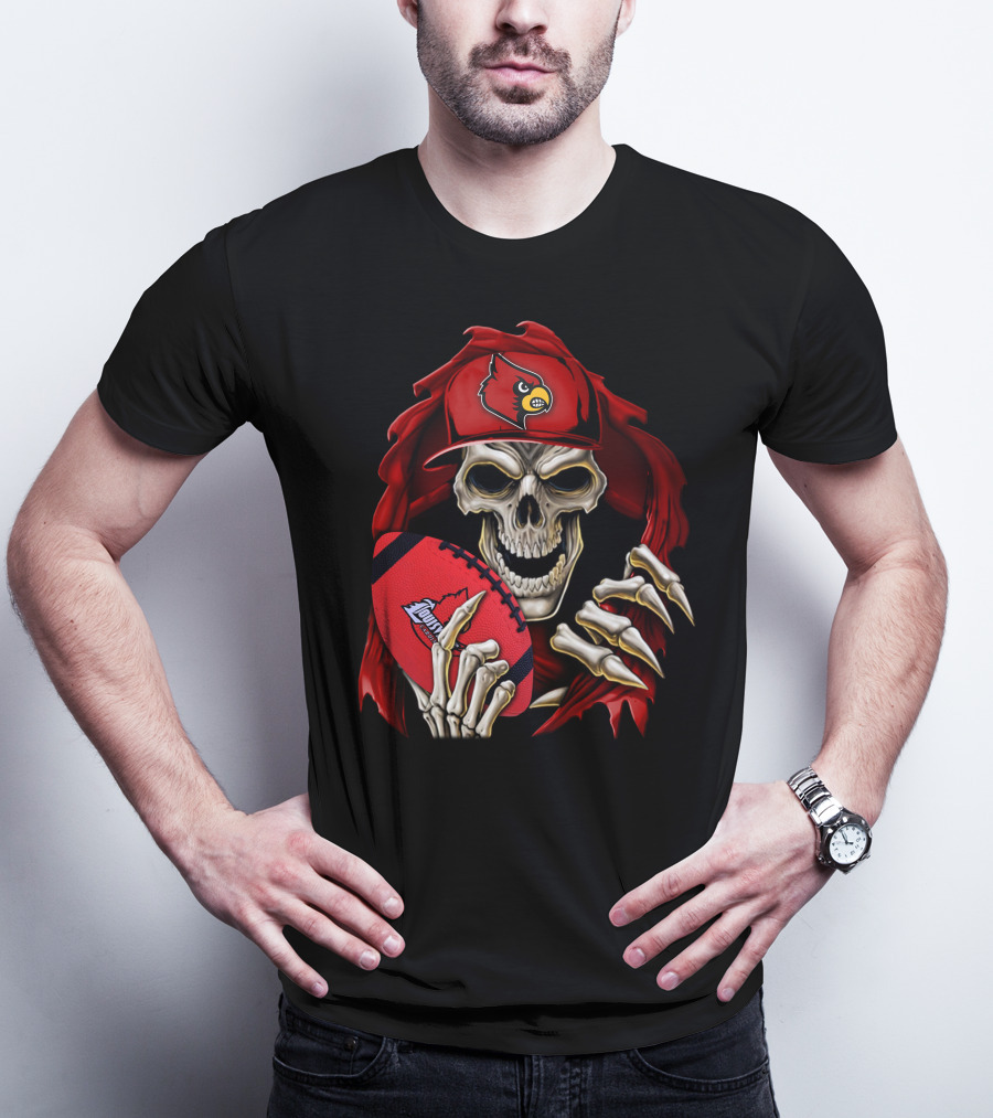 Skullbong Louisville Cardinals Skeleton With Football And Cap T-Shirt
