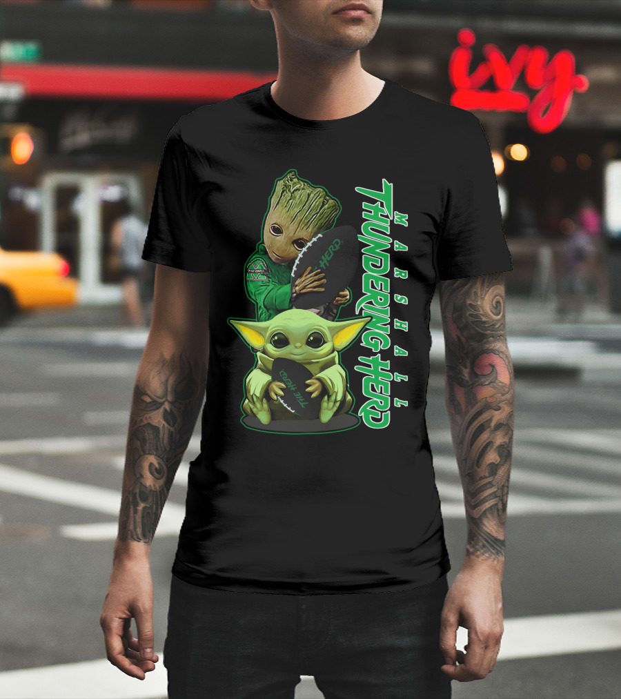 Marshall Thundering Herd Groot Baby Yoda Football T-Shirt