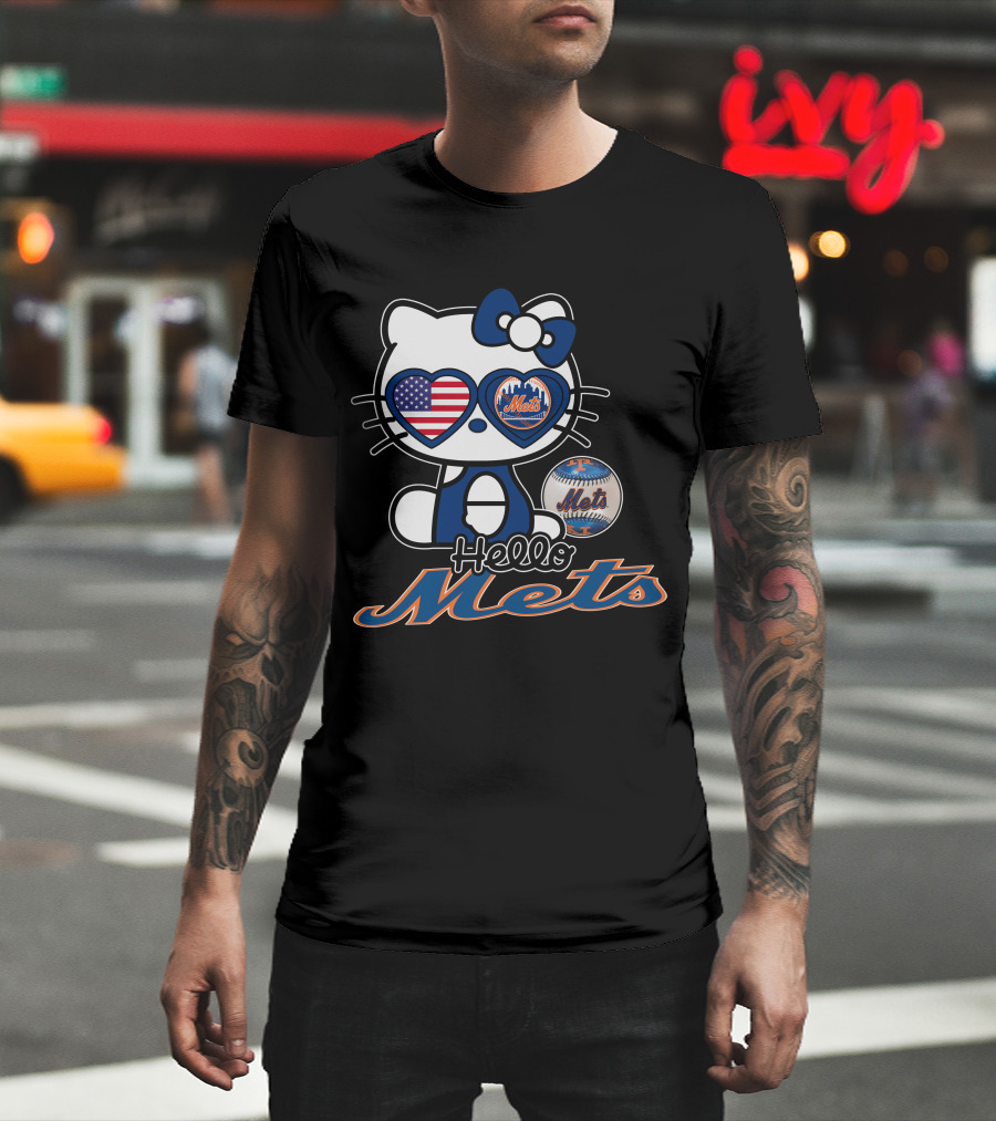 Hello Kitty Mets American Flag Baseball Collaboration T-Shirt