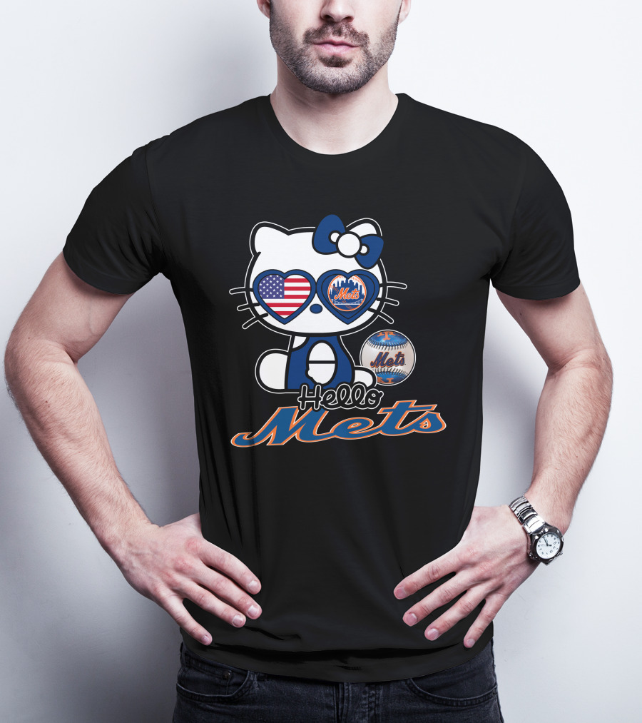 Hello Kitty Mets American Flag Baseball Collaboration T-Shirt