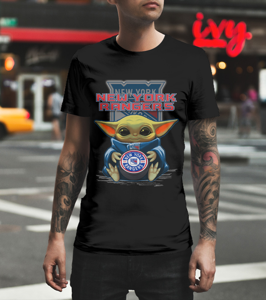 New York Rangers Baby Yoda Holding Hockey Puck T-Shirt