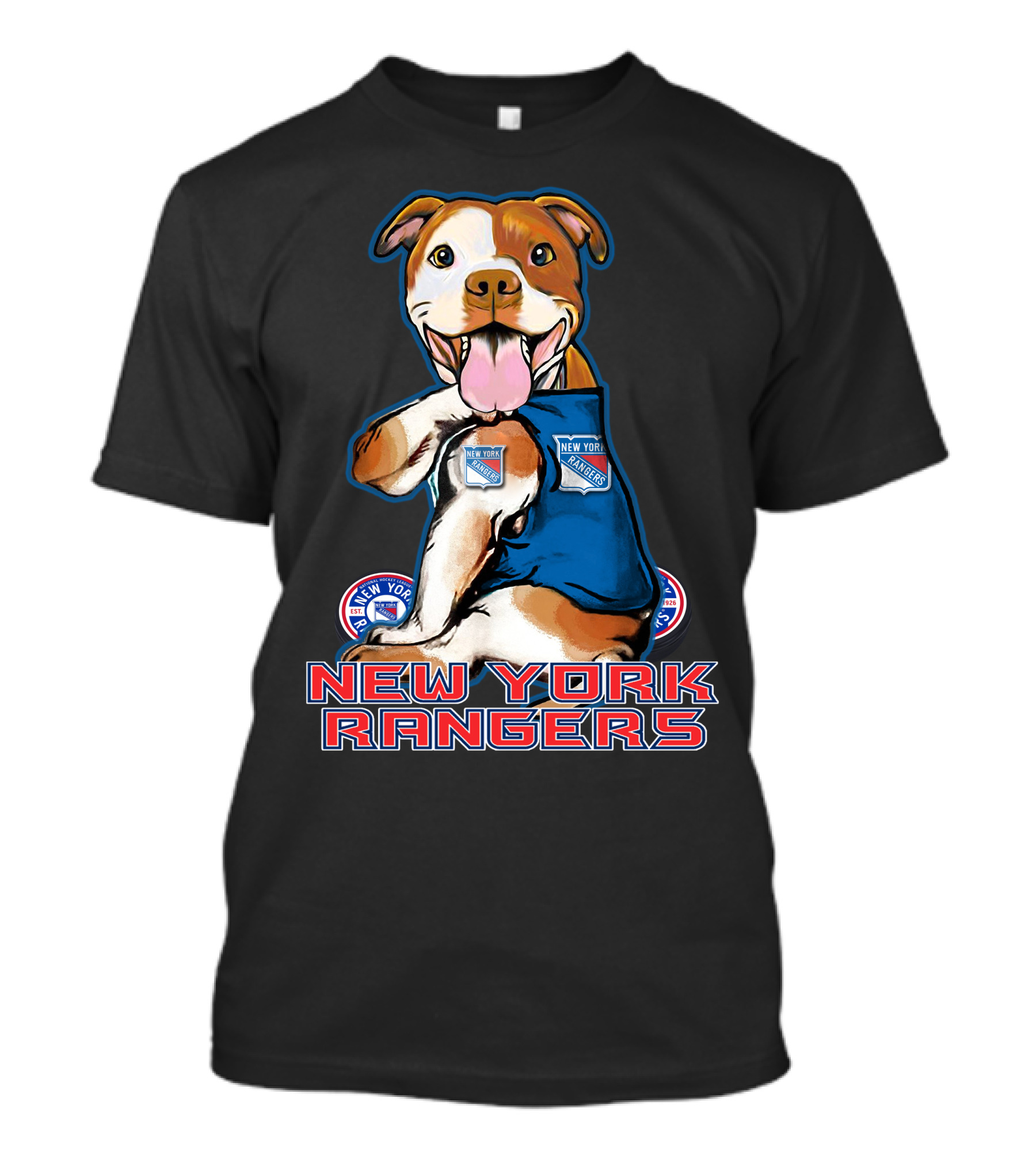 New York Rangers Pitbull With Logo And Paw Up T-Shirt