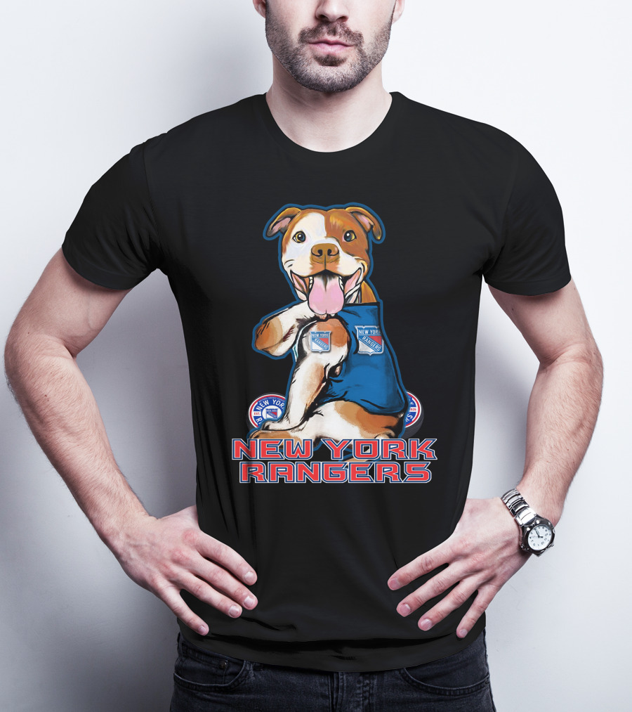 New York Rangers Pitbull With Logo And Paw Up T-Shirt