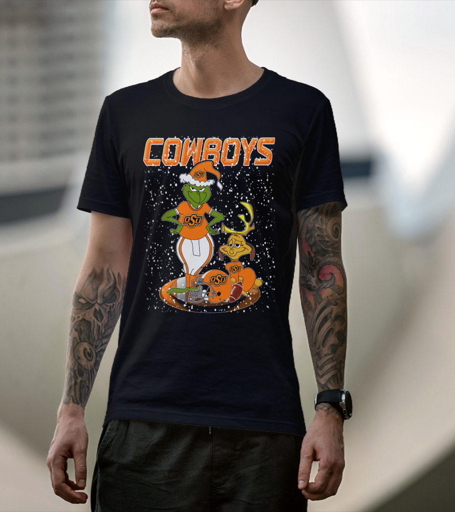 Grinchxmas OSU Cowboys Snowy Holiday Football T-Shirt