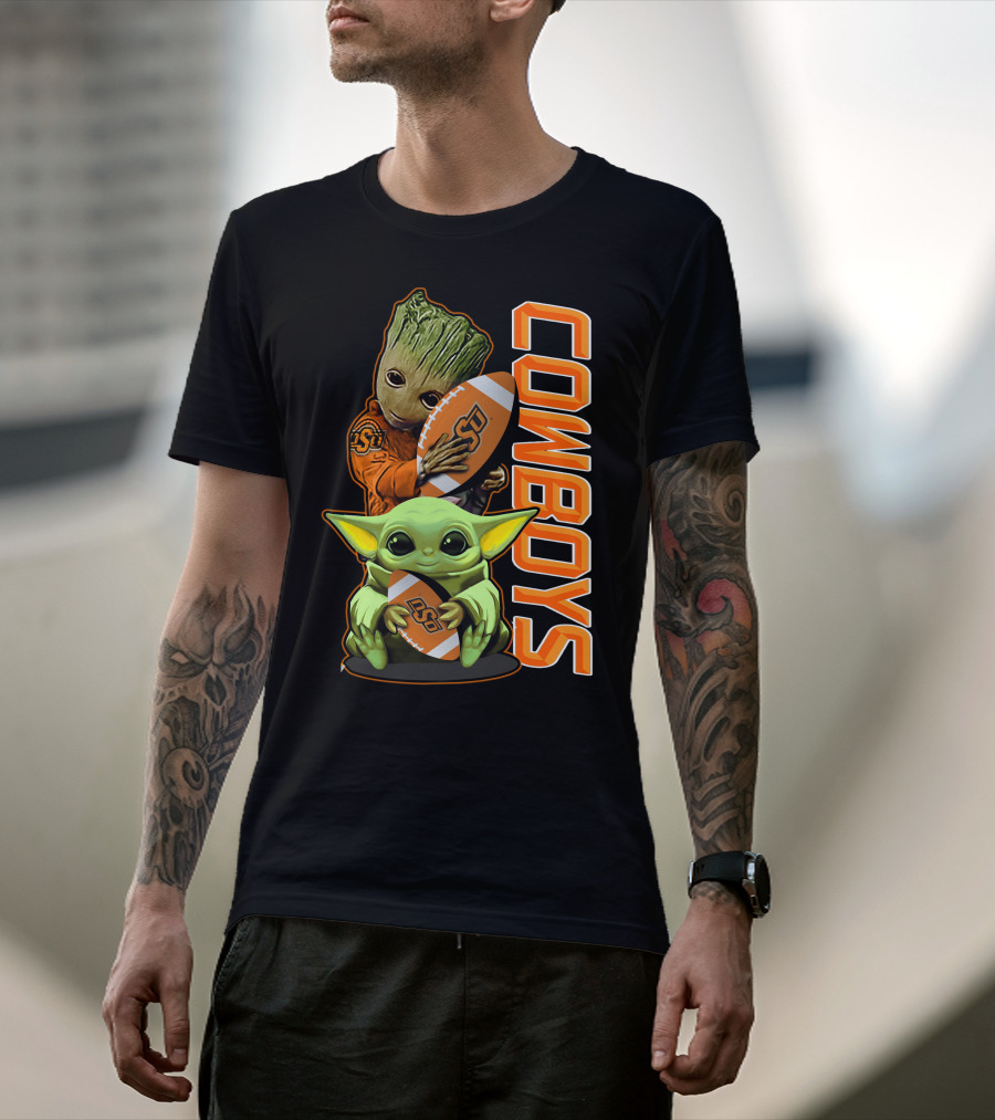 Grzd Oklahoma State Cowboys Groot Baby Yoda Football T-Shirt