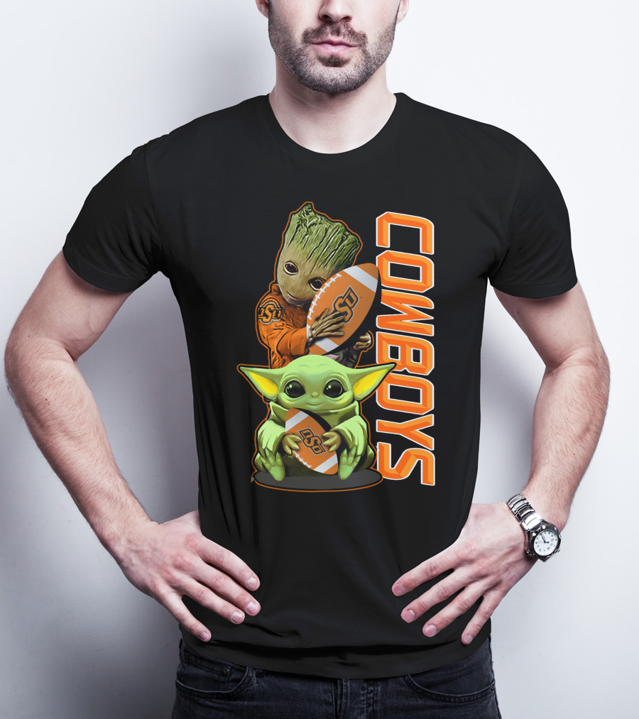 Grzd Oklahoma State Cowboys Groot Baby Yoda Football T-Shirt