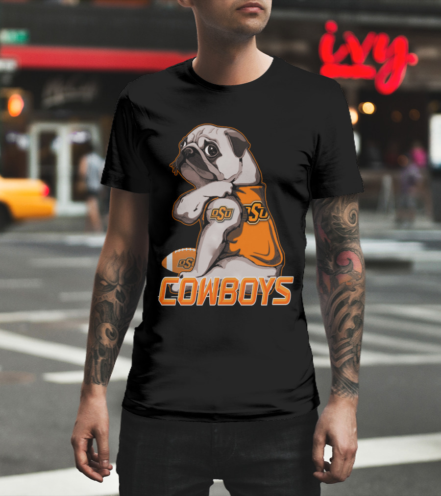 OSU Pug With Football And Cowboys Text T-Shirt
