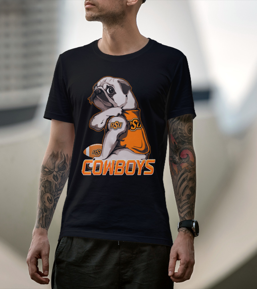 OSU Pug With Football And Cowboys Text T-Shirt