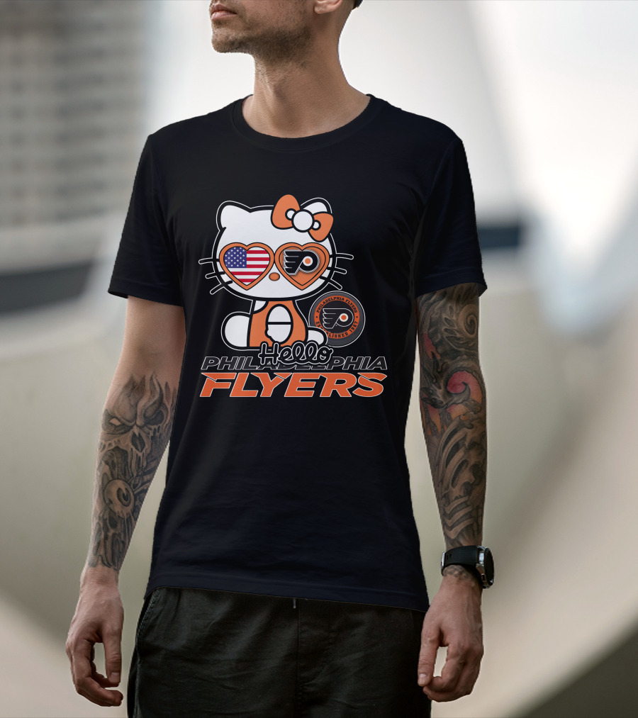 Hello Kitty Philadelphia Flyers American Flag Heart Glasses T-Shirt