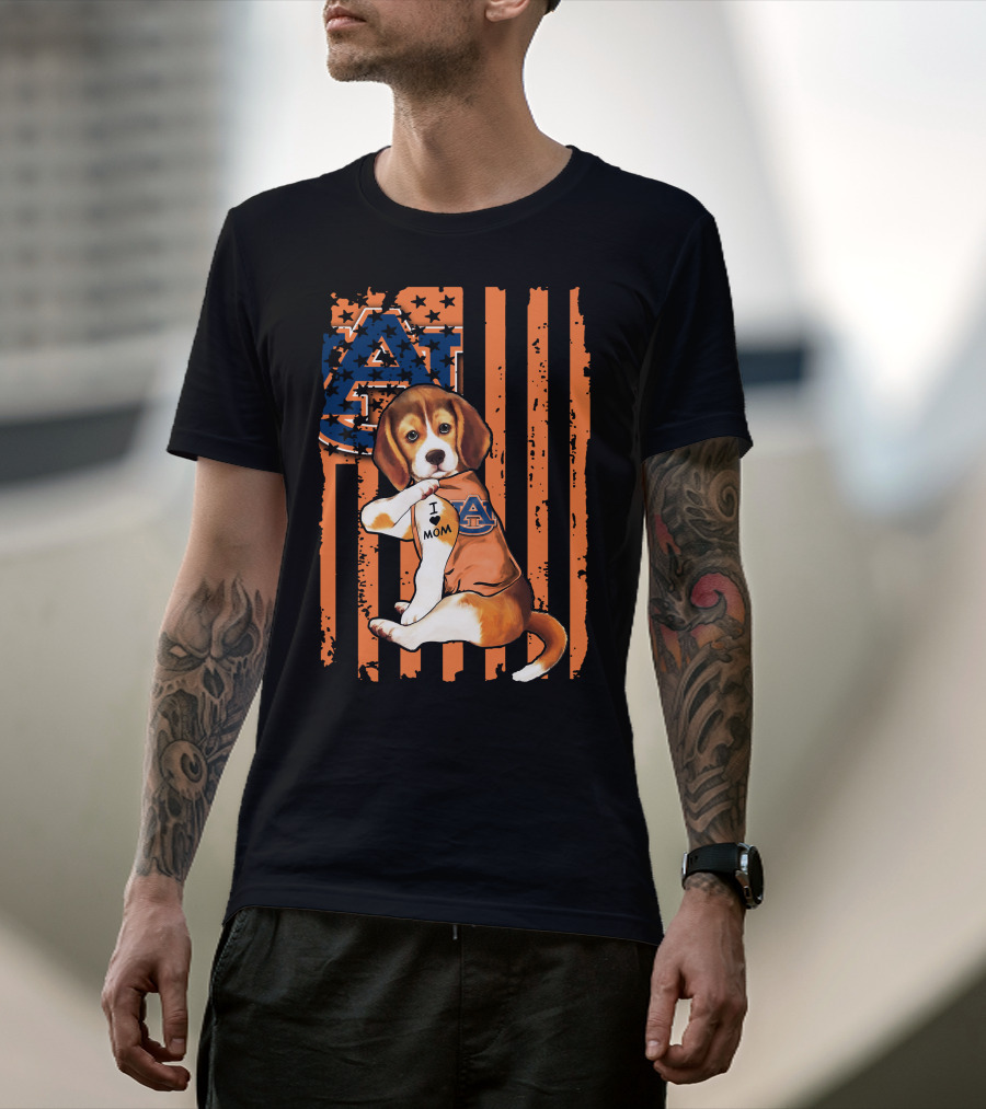 Auburn Tigers Beagle With I Love Mom Tattoo On Auburn T-Shirt