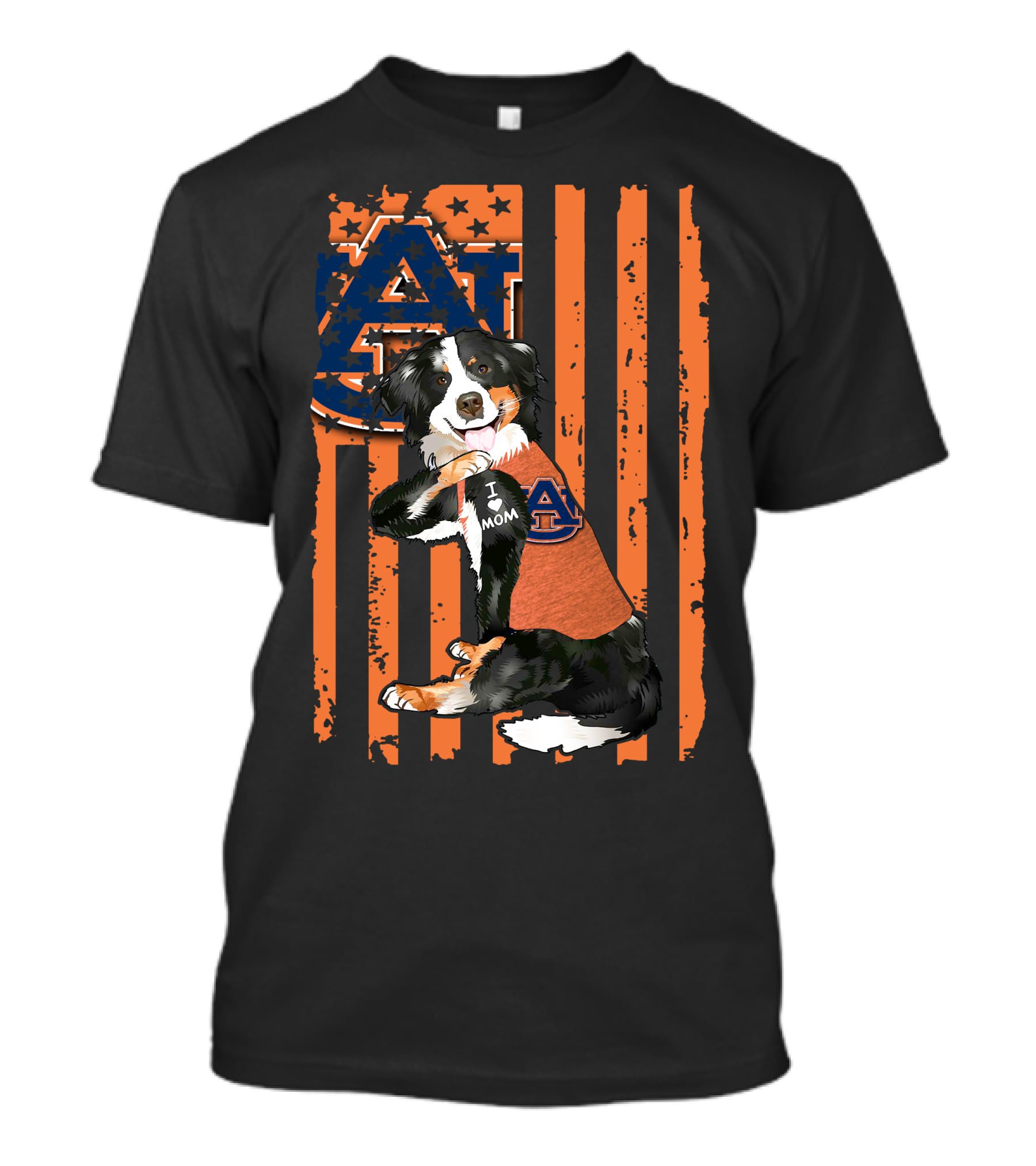 Auburn Tigers I Love Mom Border Collie With Logo And American Flag Stripes T-Shirt
