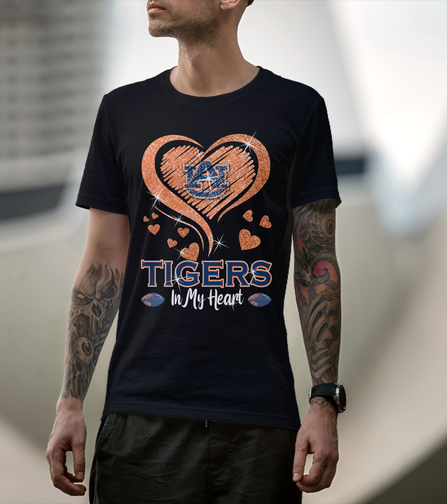 Tigers In My Heart Auburn University Logo With Glitter Hearts T-Shirt