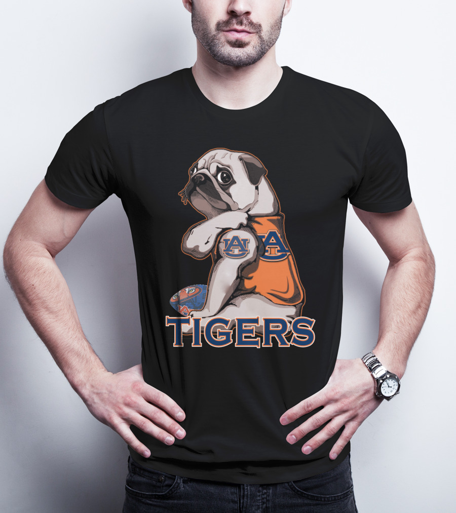 Pug Wearing Auburn Tigers Jersey With Football T-Shirt