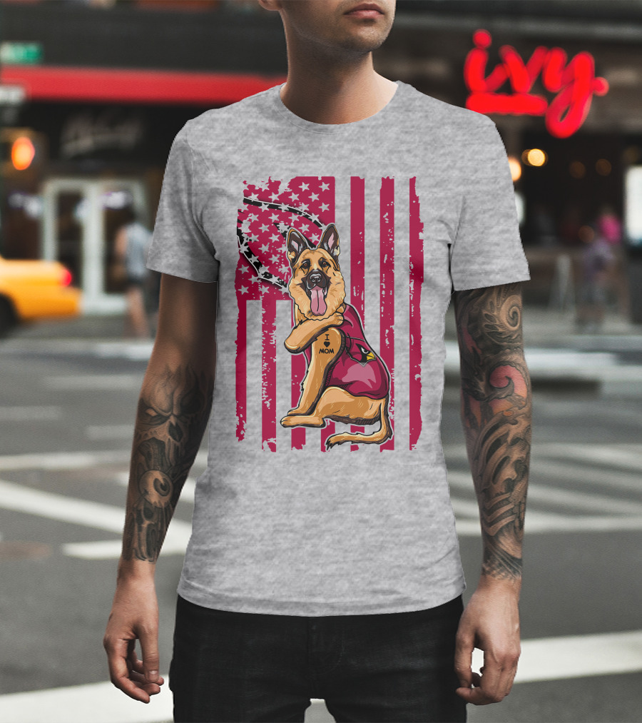 German Shepherd Wearing Arizona Cardinals Jersey With American Flag Background T-Shirt