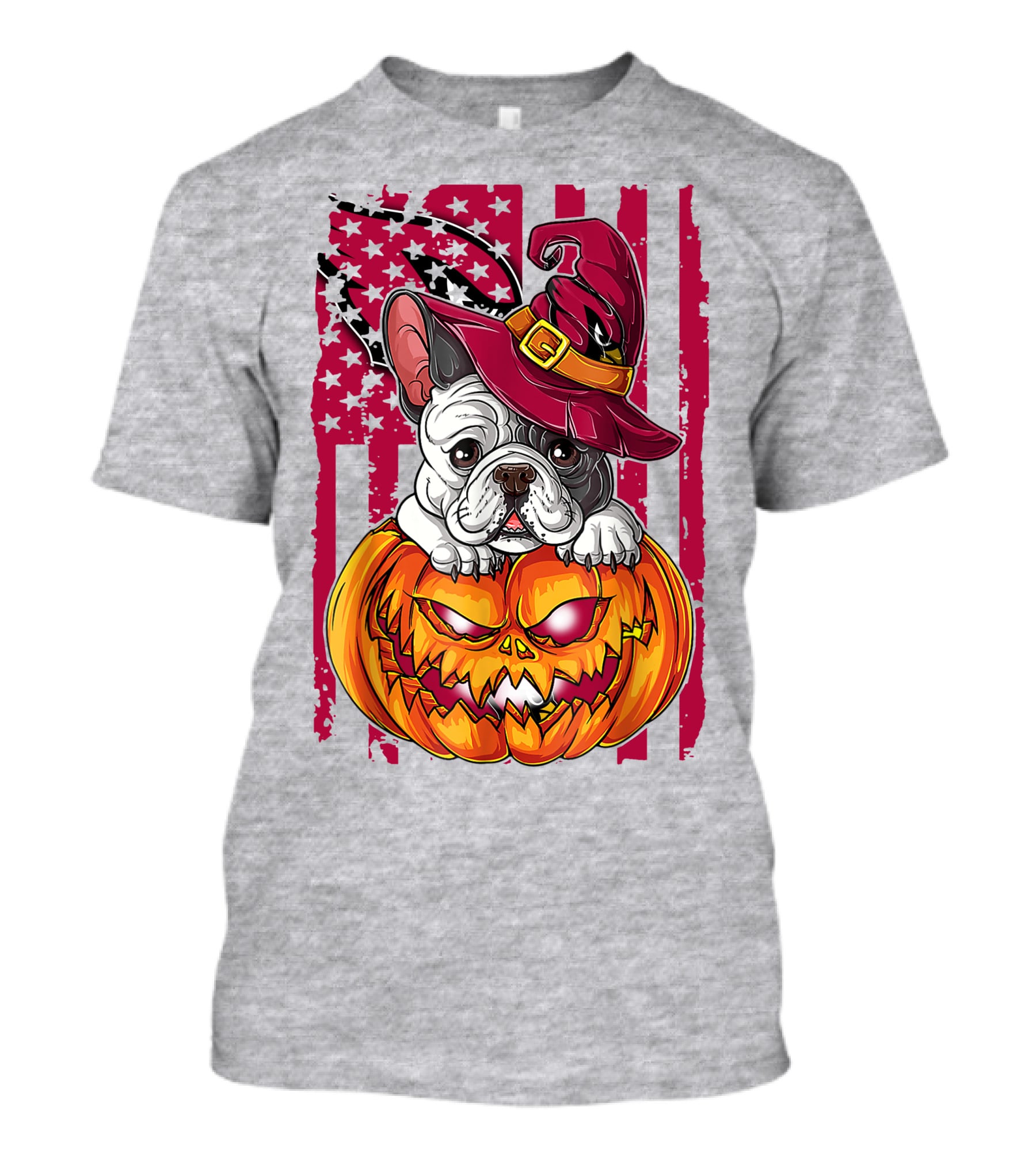 Hlw Bulldog Witch Hat Pumpkin Stars Stripes T-Shirt