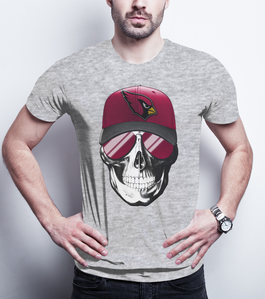 Skull V7 Arizona Cardinals Logo Hat And Sunglasses T-Shirt