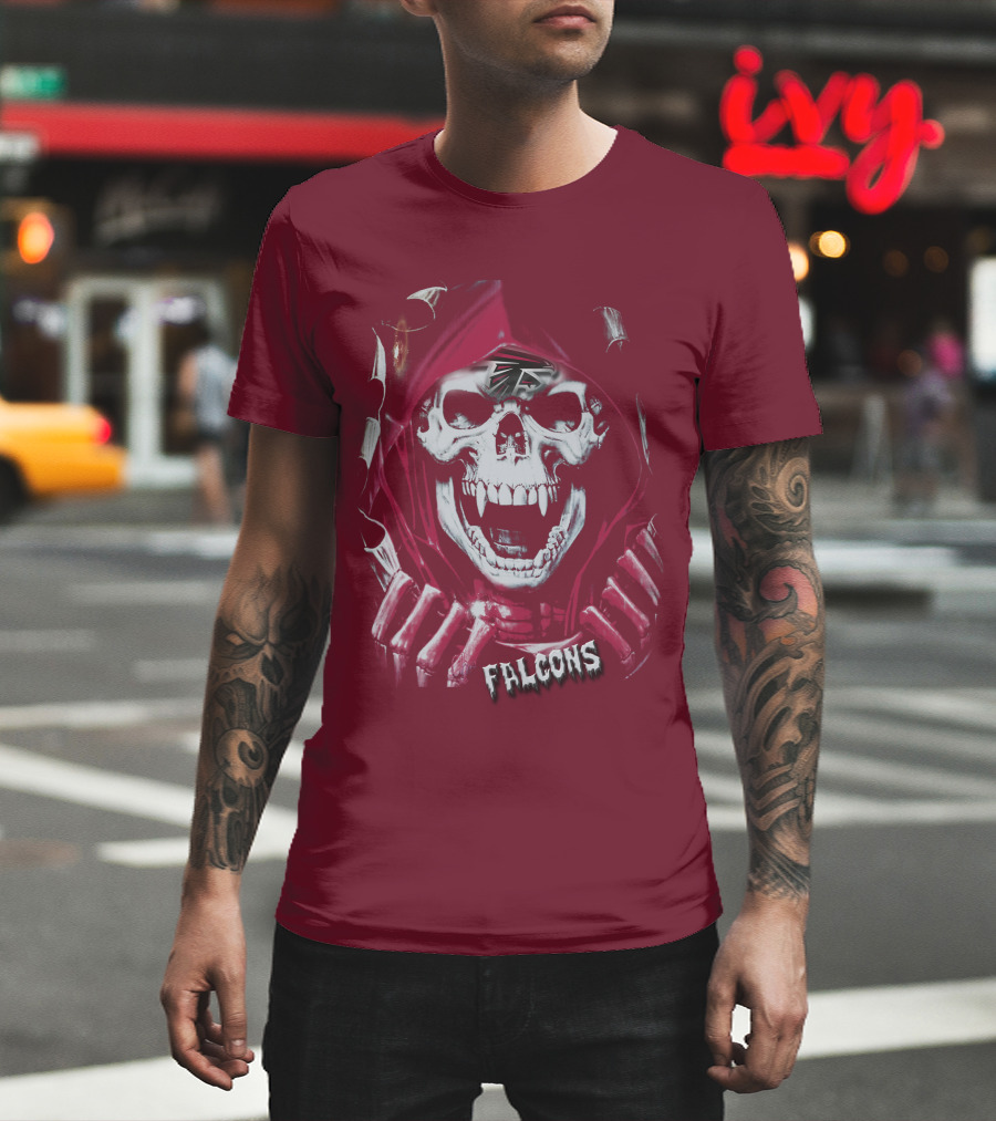 Atlanta Falcons Skull In Red Hood With Logo Elements T-Shirt