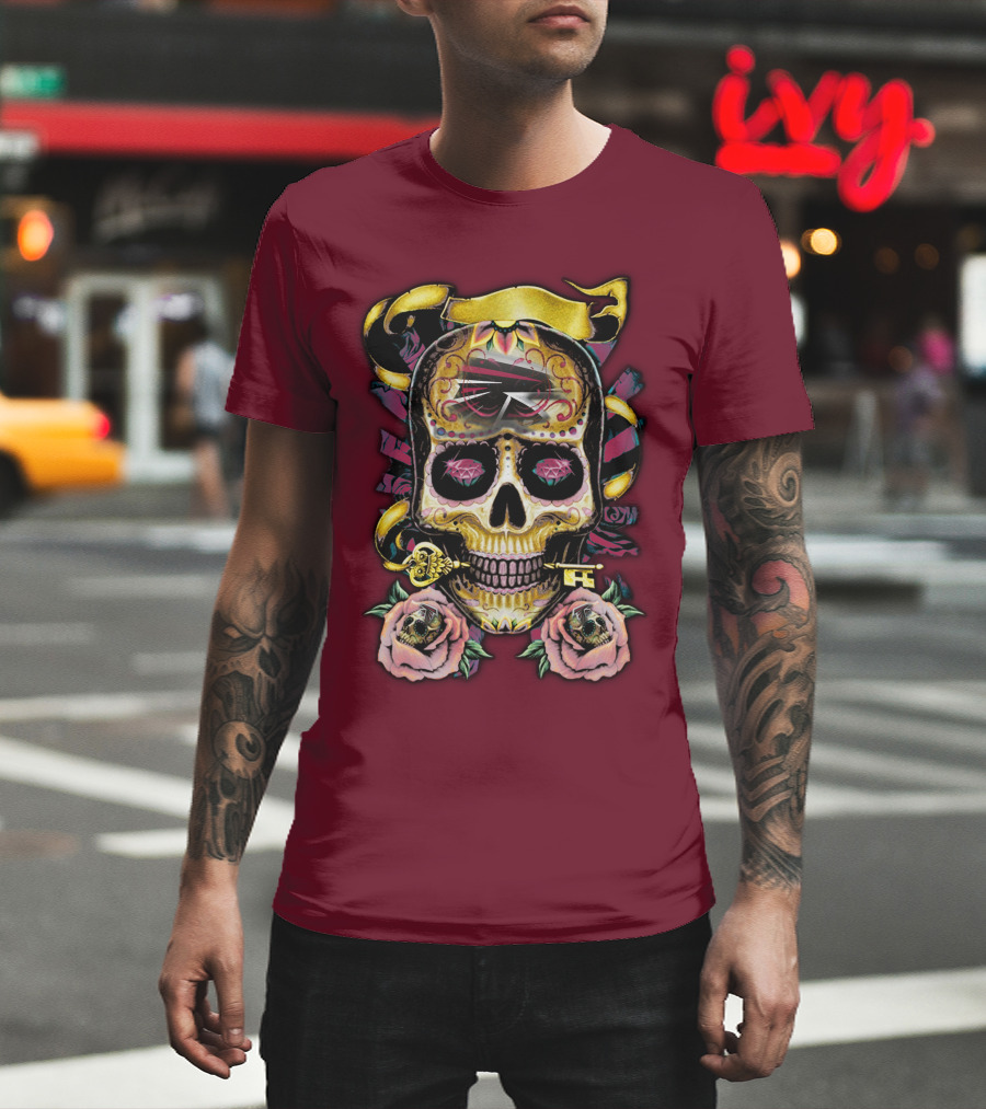 Atlanta Falcons Skull With Roses And Key T-Shirt