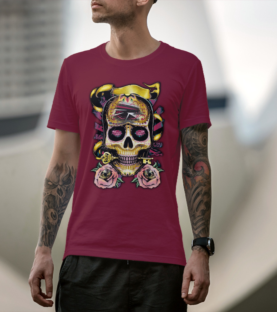 Atlanta Falcons Skull With Roses And Key T-Shirt