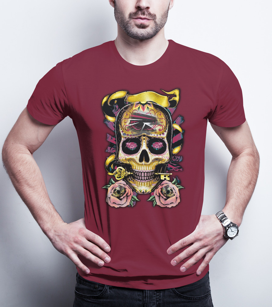 Atlanta Falcons Skull With Roses And Key T-Shirt