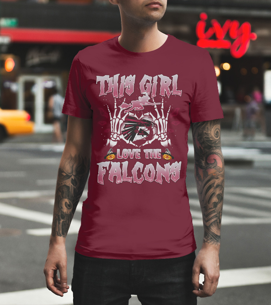 This Girl Love The Falcons Halloween Skeleton Hands Pumpkin T-Shirt
