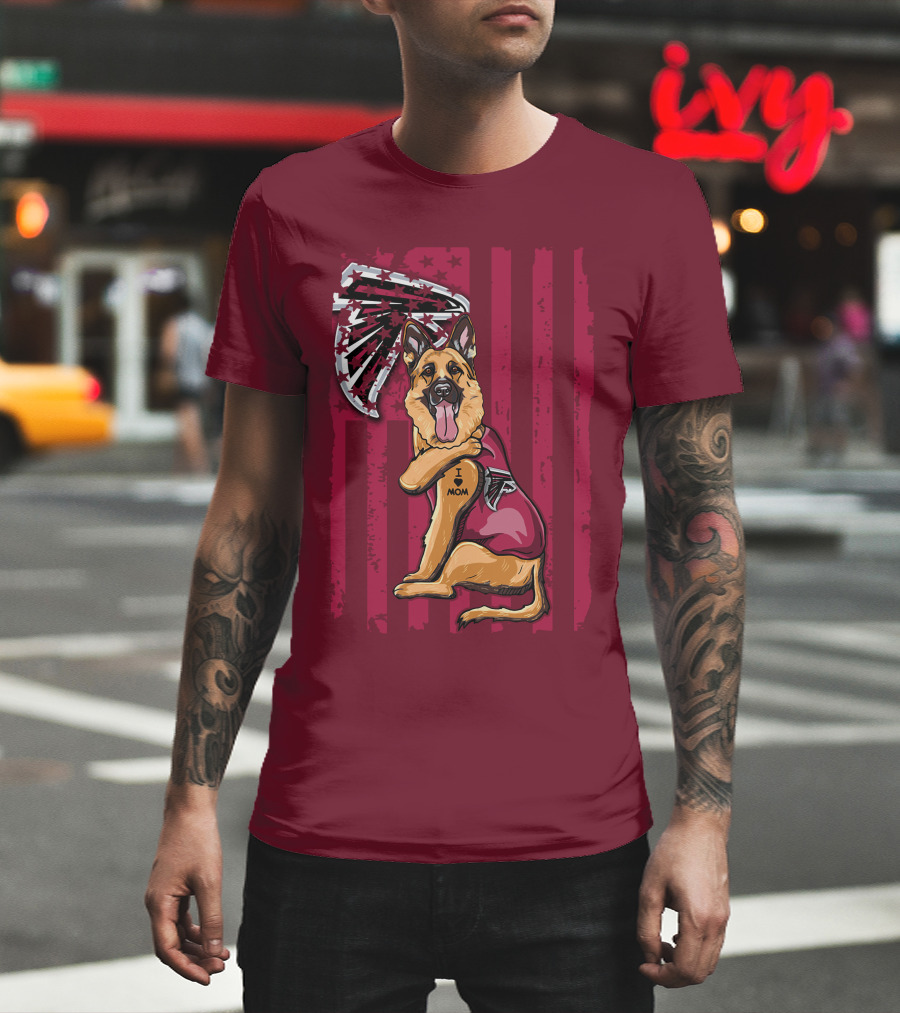 I Mom Tattoo German Shepherd With Atlanta Falcons Fan Flag And Stripes T-Shirt