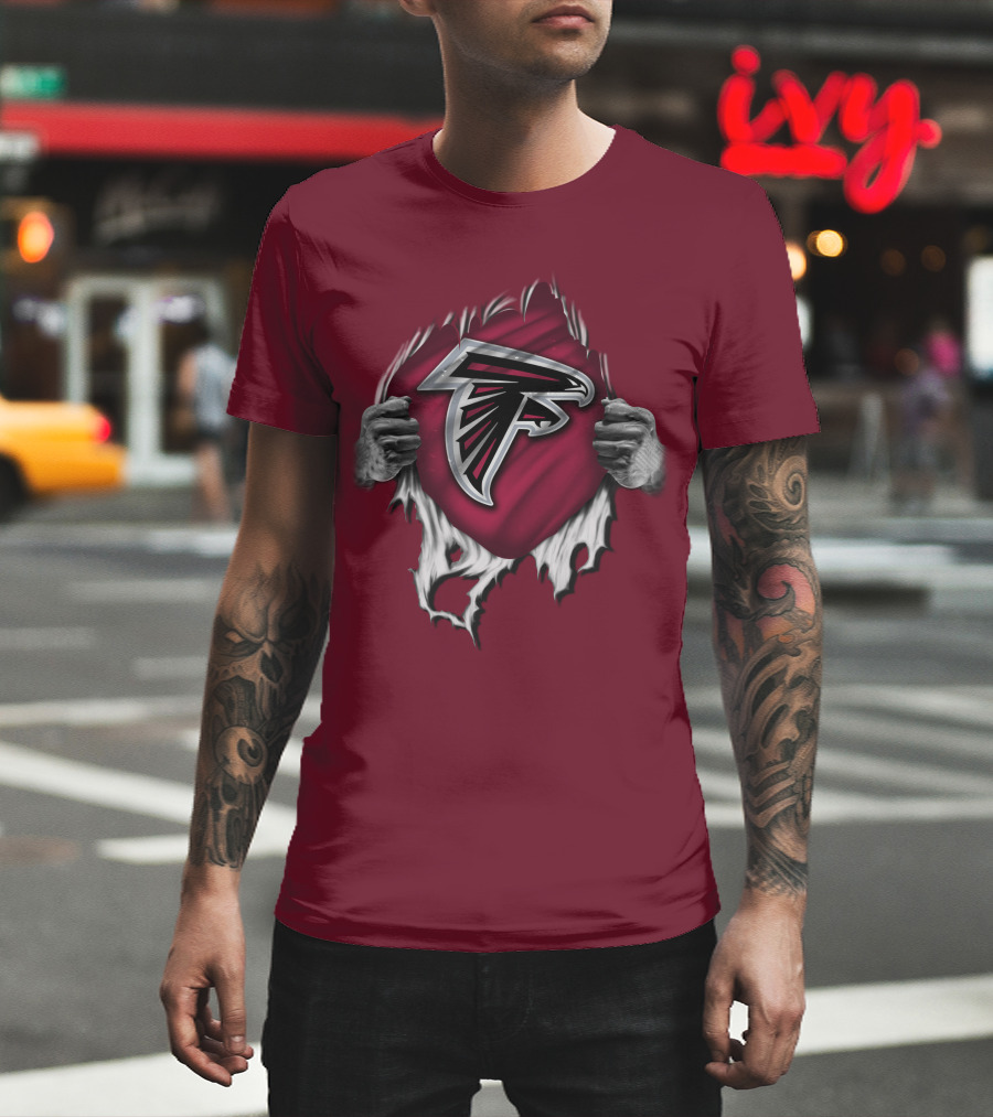 Torn Atlanta Falcons Logo With Hands Emerging T-Shirt
