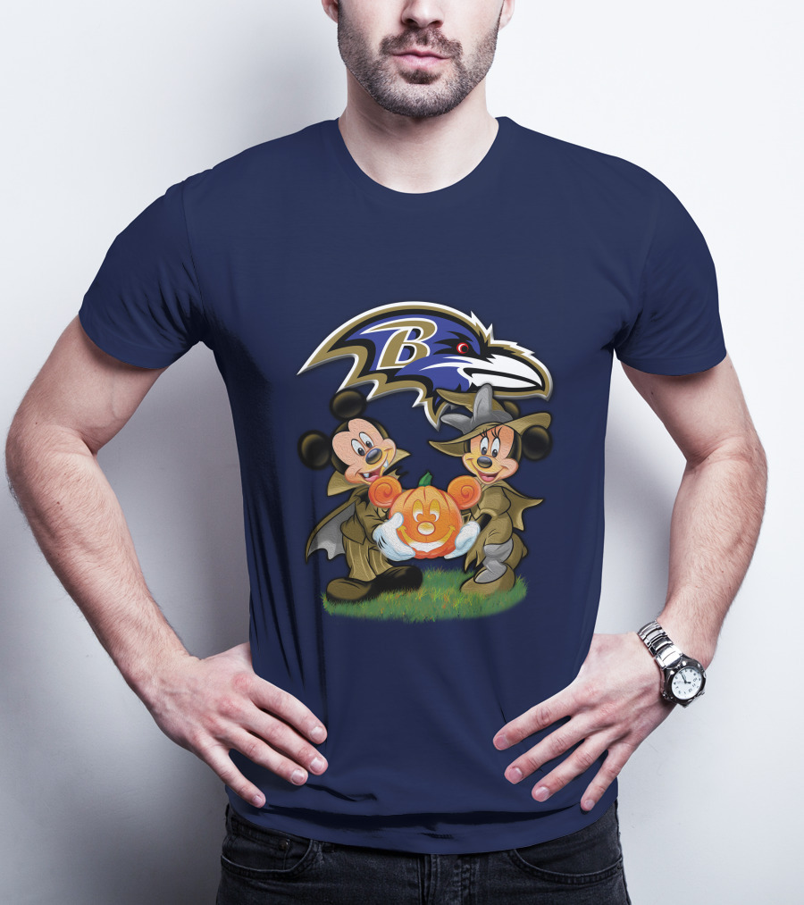 Baltimore Ravens Mickey And Minnie Halloween Pumpkin Ravens T-Shirt