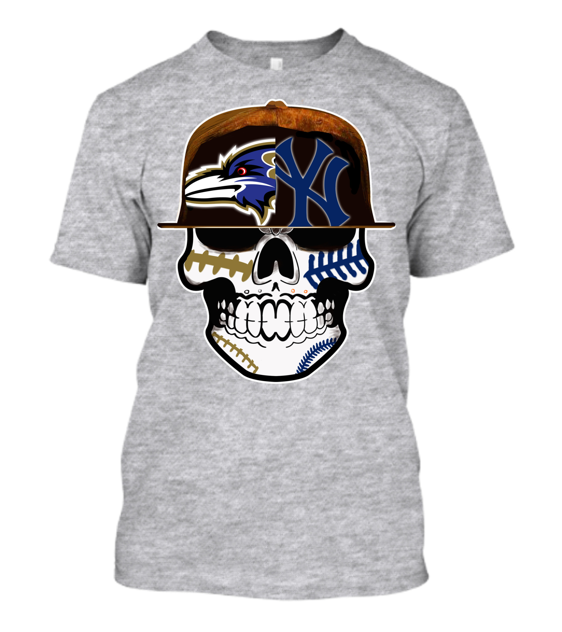 Baltimore Ravens New York Yankees Skull Hat T-Shirt