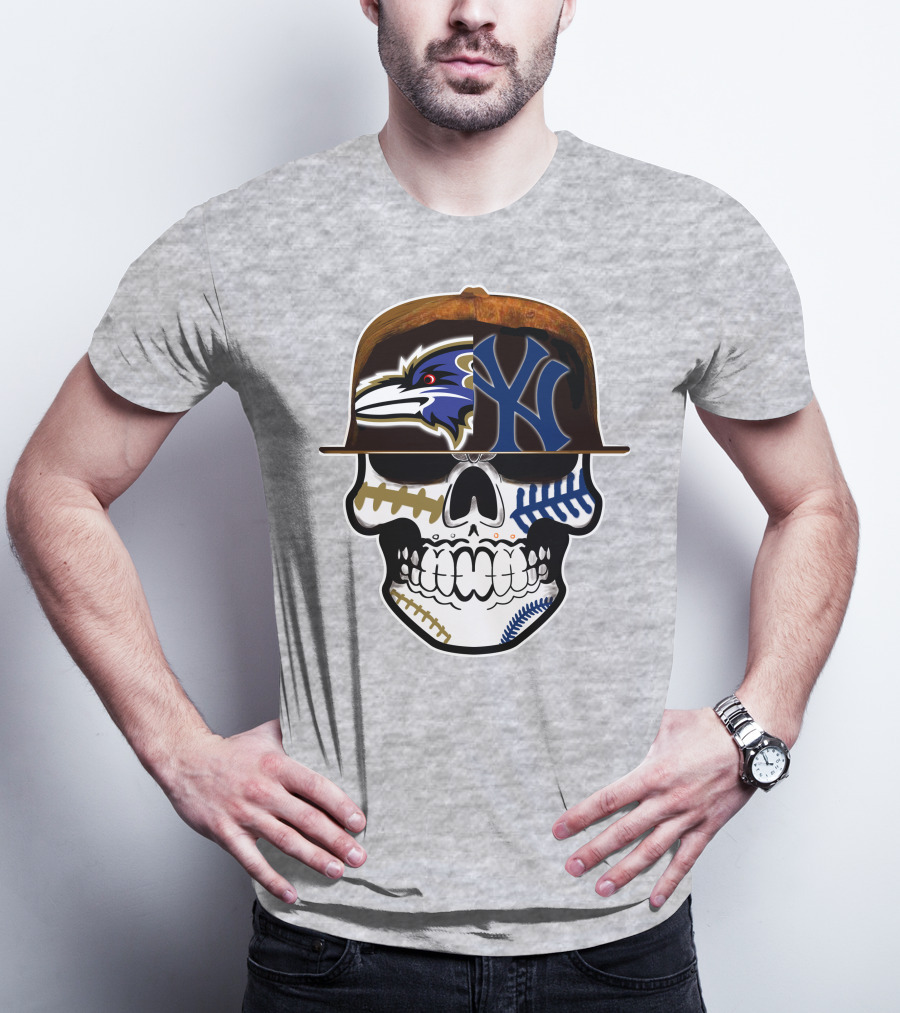 Baltimore Ravens New York Yankees Skull Hat T-Shirt