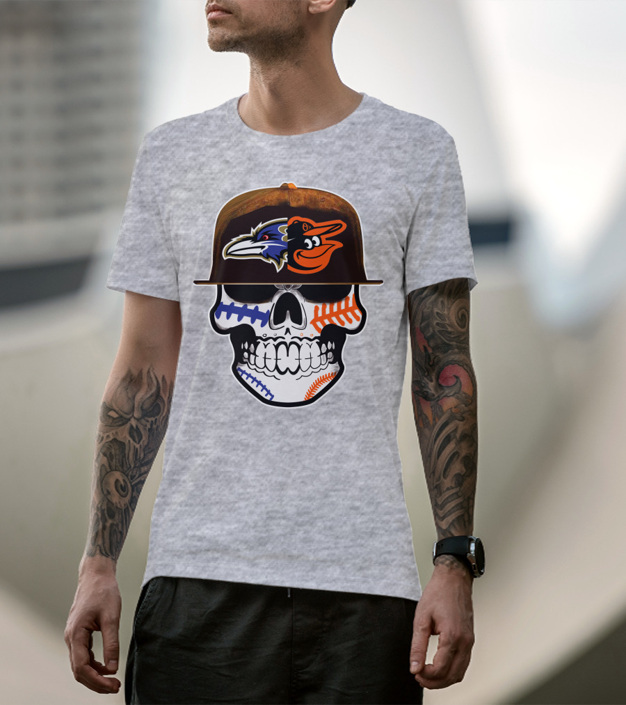 Baltimore Ravens Orioles Skull Baseball Crossover T-Shirt