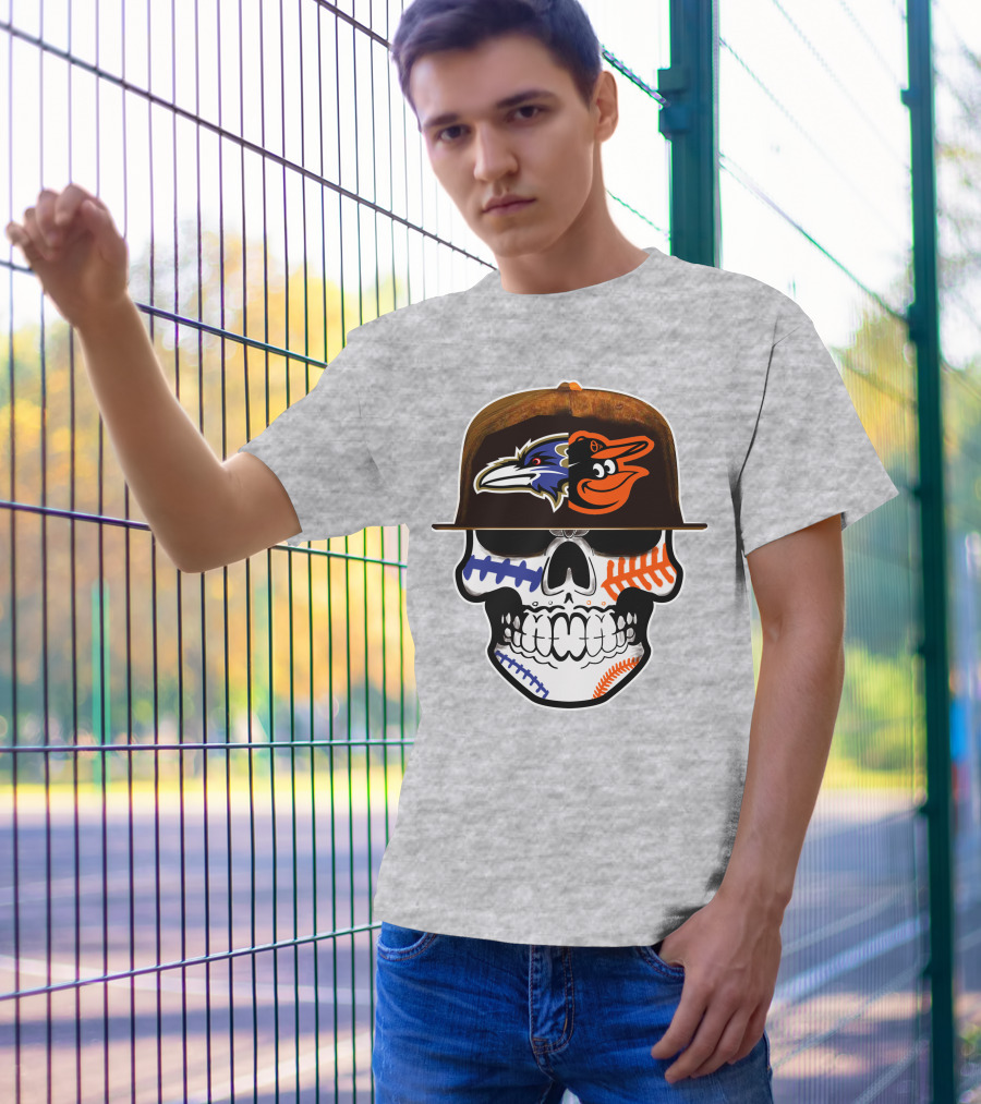 Baltimore Ravens Orioles Skull Baseball Crossover T-Shirt