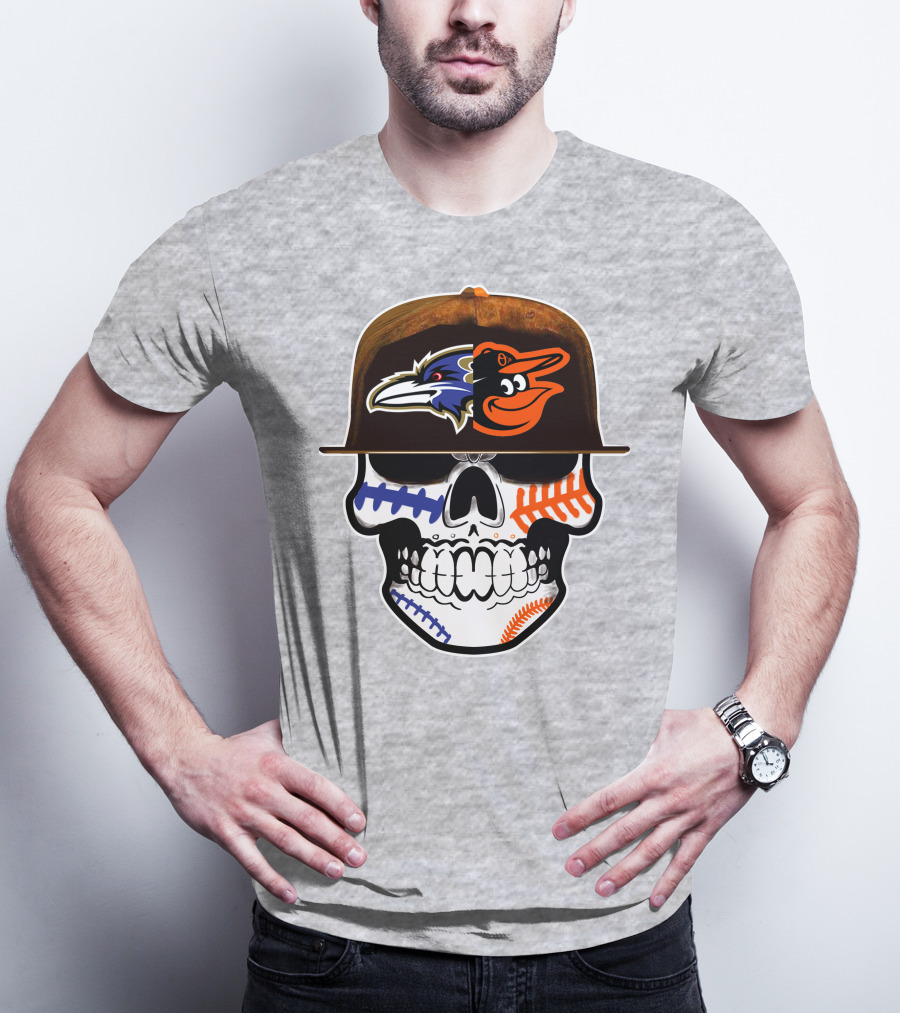 Baltimore Ravens Orioles Skull Baseball Crossover T-Shirt
