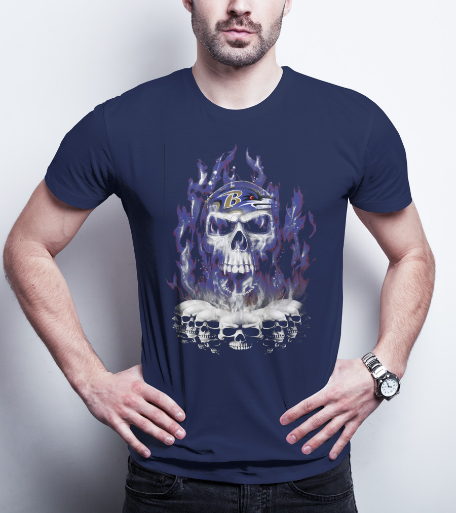 Baltimore Ravens 52 Skulls And Flames Football Helmet T-Shirt