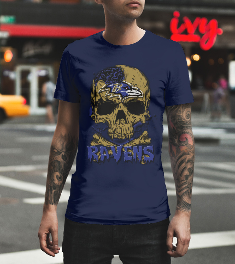 Baltimore Ravens Skull Artwork With Logo And Number T-Shirt