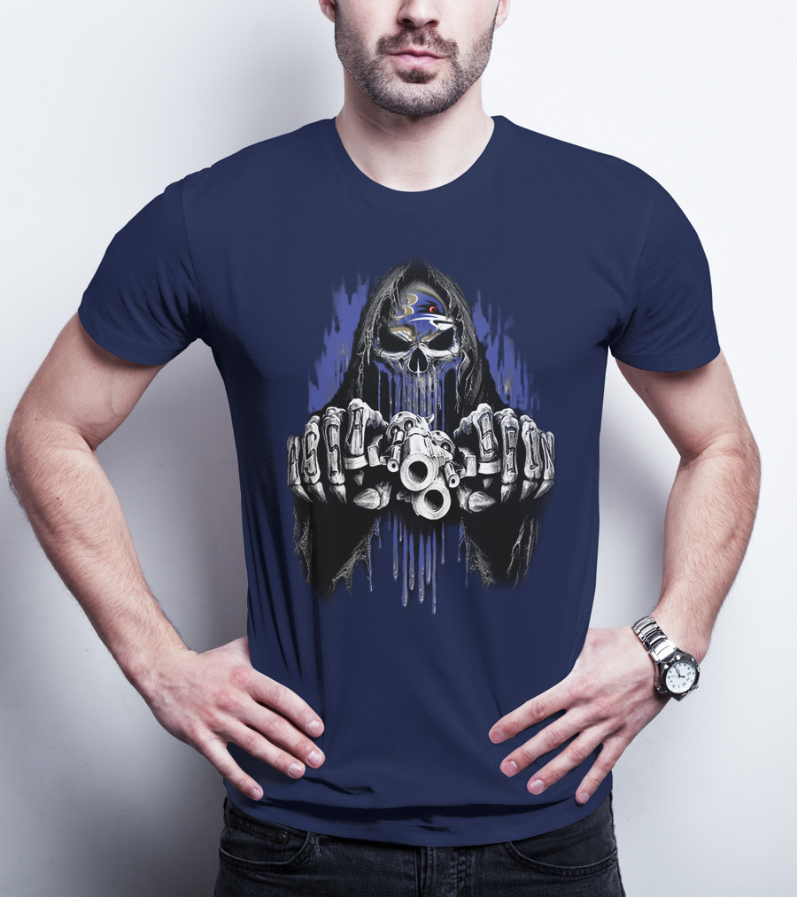 Baltimore Ravens Skull Reaper Gun Fists T-Shirt
