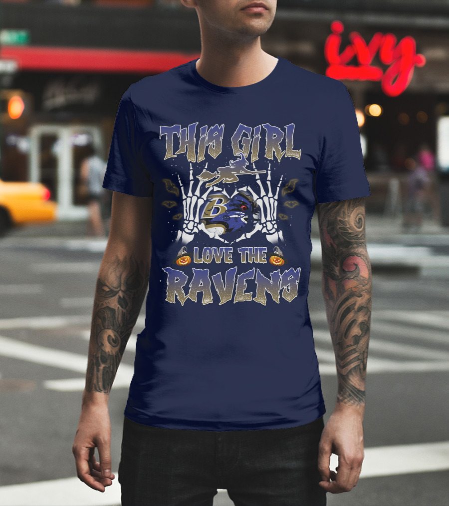 This Girl Loves The Baltimore Ravens 80 Halloween Skeleton Theme T-Shirt