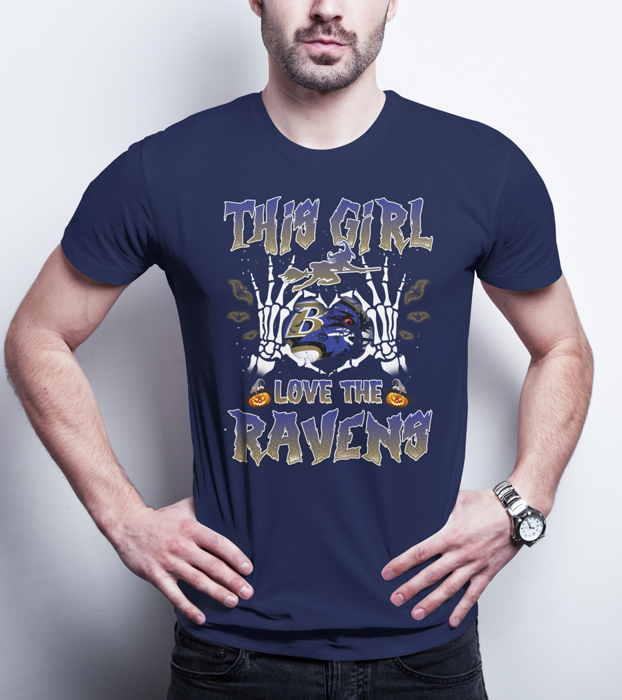 This Girl Loves The Baltimore Ravens 80 Halloween Skeleton Theme T-Shirt
