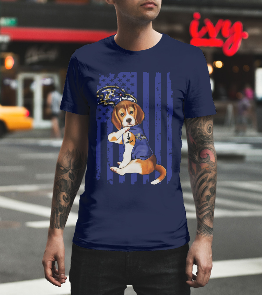 Beagle Puppy I Love Mom Baltimore Ravens Fan With Tattoo And Team Jersey T-Shirt
